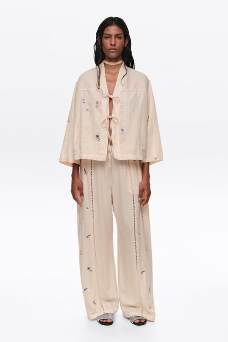 Pantalón ancho encajes y minibordados lino blanco
