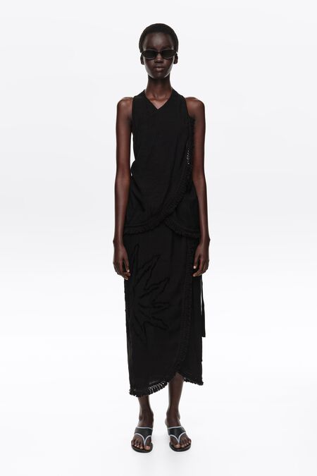 Black fringed wrap midi dress