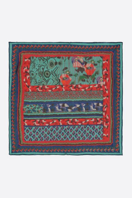 Foulard franges fleurs Ikat rouge
