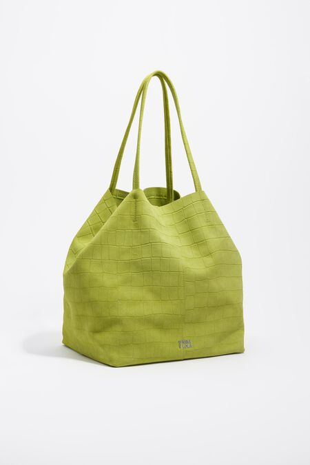 Large suede shopper bag in lime crocodile embossed