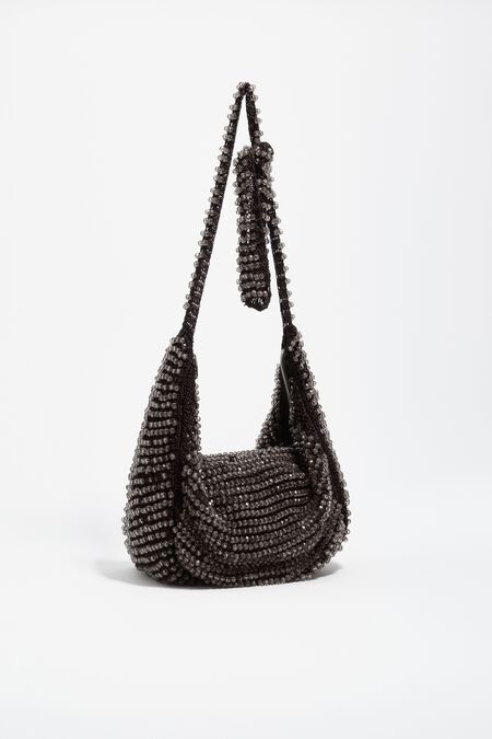 Small crochet bag in chocolate beaded fabric