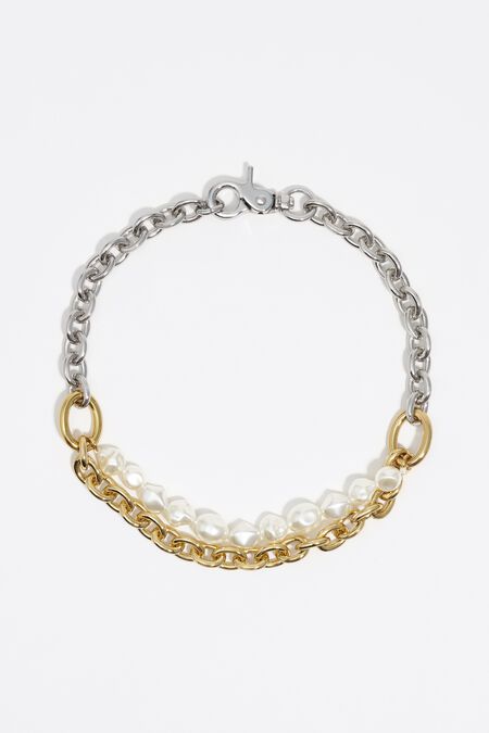 Two-tone pearl and double-layer chain necklace