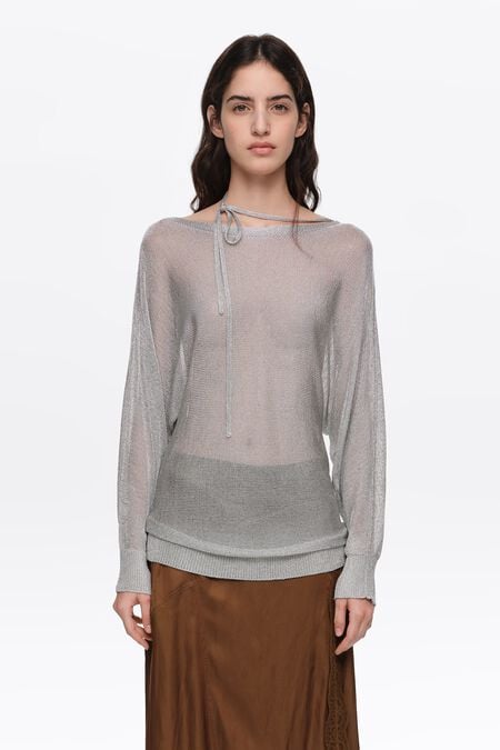 Silver boat neckline crossover ties sweater