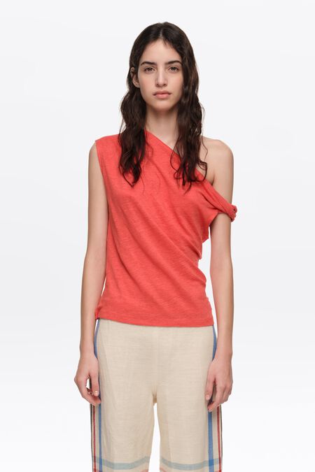 Coral linen knot-neckline top