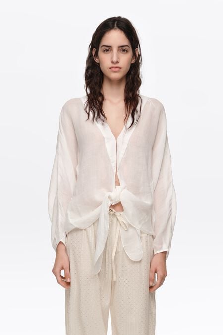 White ramie maxi bow cape shirt