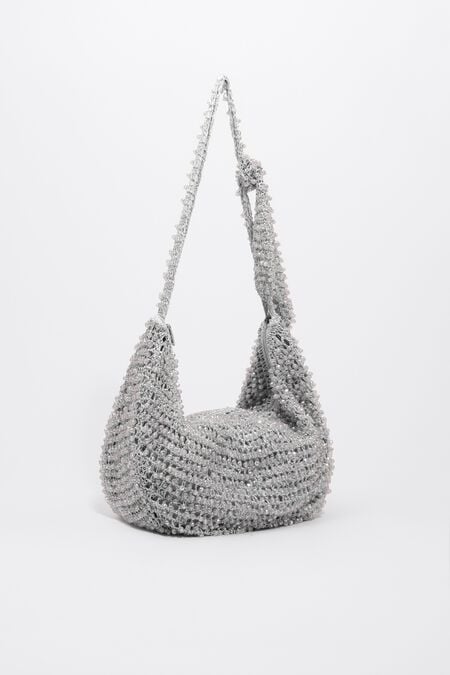 Medium crochet bag in silver beaded fabric