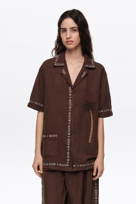 Camisa lino palmera marrón