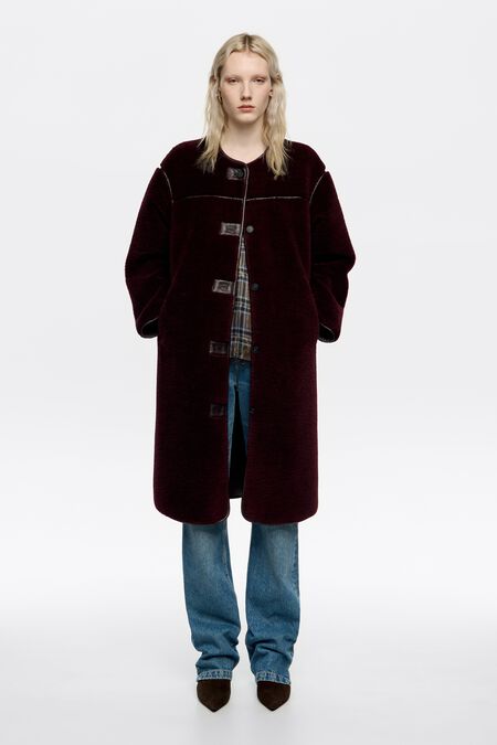 Burgundy fur straight cut midi coat
