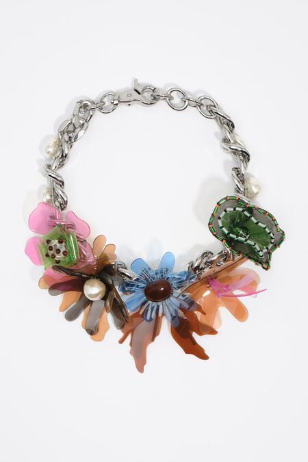 Multicolor flowers necklace with chain and silver pearls