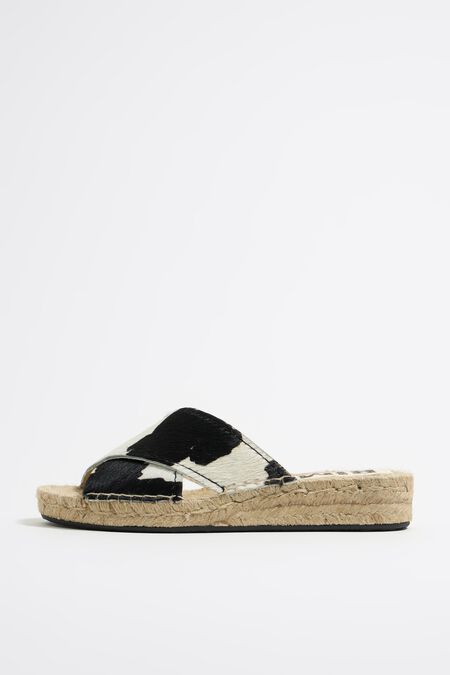 White cow print jute wedge