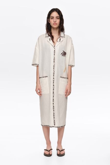 Brown linen palm tree shirt dress